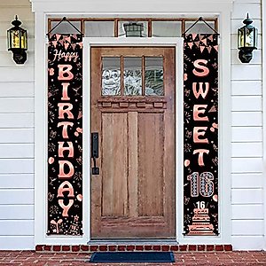 Luxiocio Happy 16th Birthday Banner Decorations for Girls, Sweet 16 Year Old Birthday Welcome Porch Sign, Rose Gold Sixteen Birthday Party Supplies for Outdoor Indoor