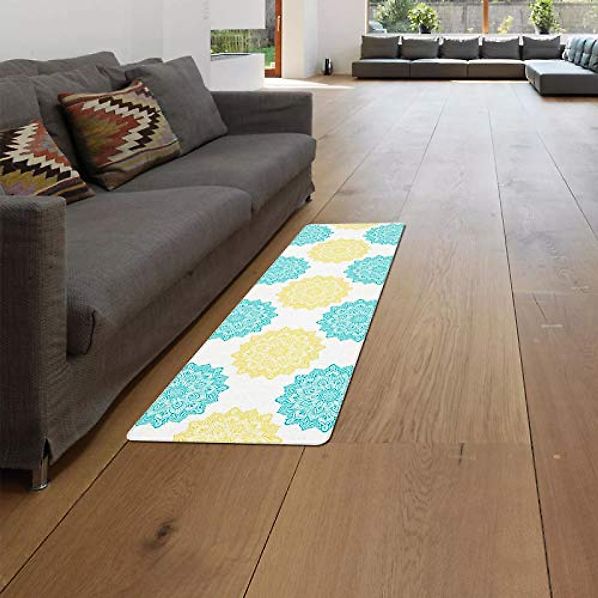 CyCoShower Kitchen Mat Kitchen Floor Mat, Cushioned Anti-Fatigue Kitchen Rug,Mandala Pattern Aqua Yellow Texture 2 PCS Kitchen Rugs Non-Slip Standing Rug Set Comfort Floor Mats