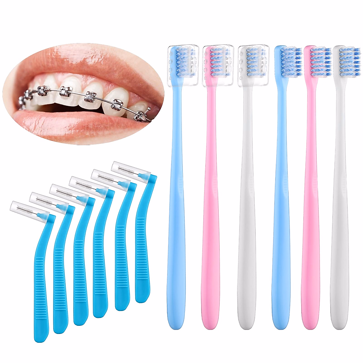 Fremouth V-Shaped Orthodontic Toothbrush for Braces, Soft Bristles, 6 Count, with Interdental Brushes