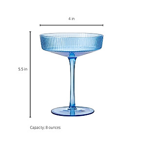 Rose Pink Ribbed Coupe Cocktail, Champagne & Martini Glasses 8 oz | Set of 2 | Retro Style Classic Manhattan Glasses For Cocktails, Ripple Coupe Glasses, Art Deco Gatsby Vintage, Crystal with Stems