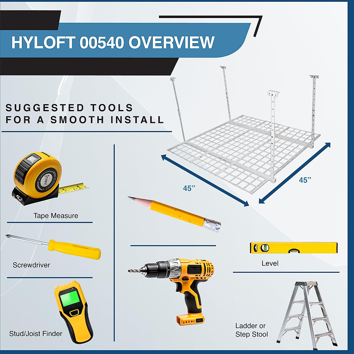HyLoft 00540 45-Inch by 45-Inch Overhead Storage System, Ceiling Mount Garage Organization Rack, White