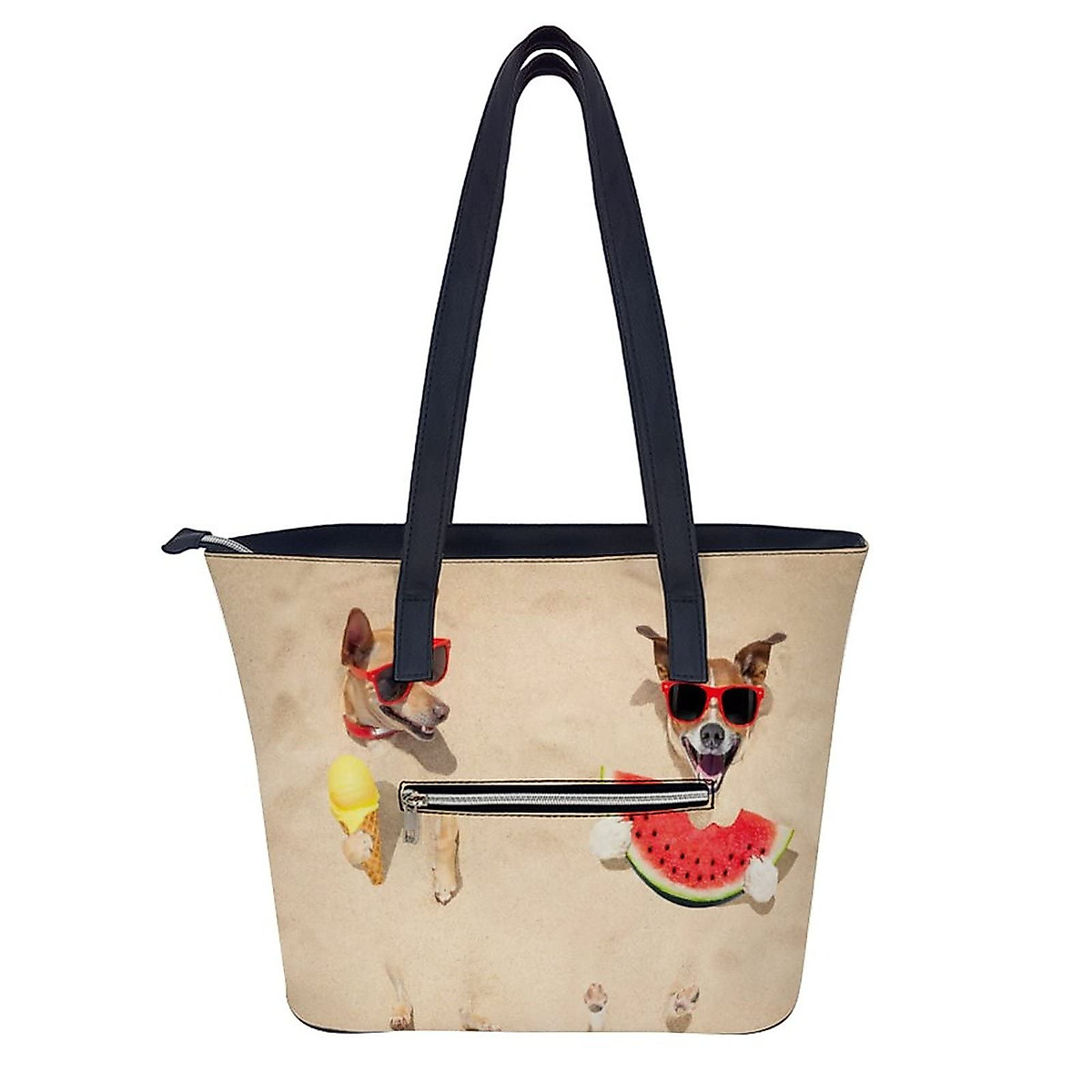 Funny Couple of Dogs at The Beach Women's Tote Bag PU Leather Shoulder Bag Handbags Purse For Work Shopping Travel