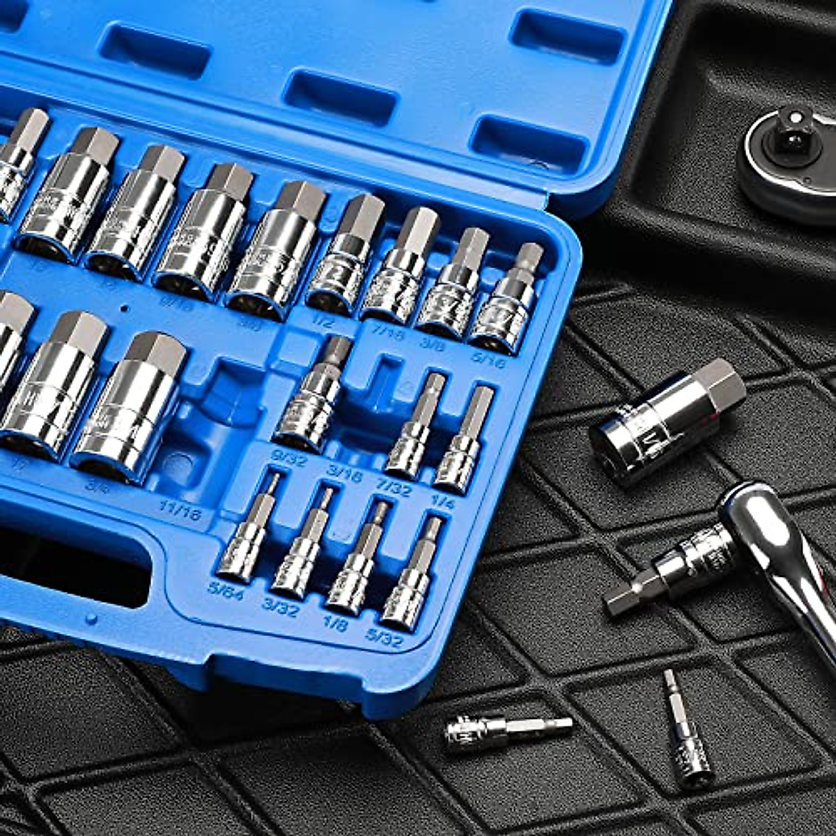 Mayouko 33PCS Master Hex Allen Bit Socket Set, S2 & Cr-V Steel, SAE and Metric, 5/64-Inch to 3/4-Inch, 2mm to 19mm