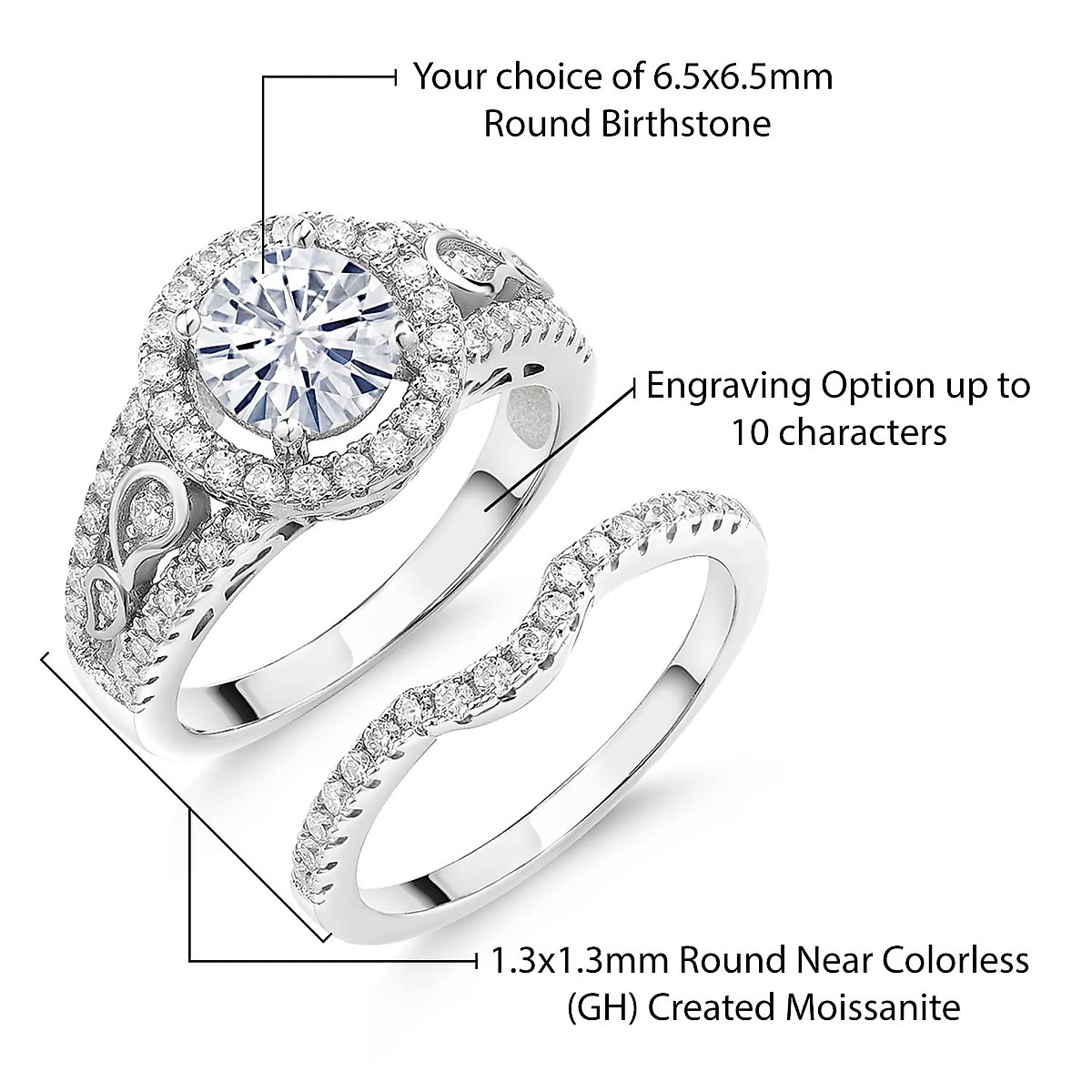 925 Sterling Silver Customized and Personalized Name Engraved Round Gemstone Birthstone and White Moissanite Wedding Engagement Ring Band Bridal Set For Women (1.74 Cttw, Available In Size 5,6,7,8,9)