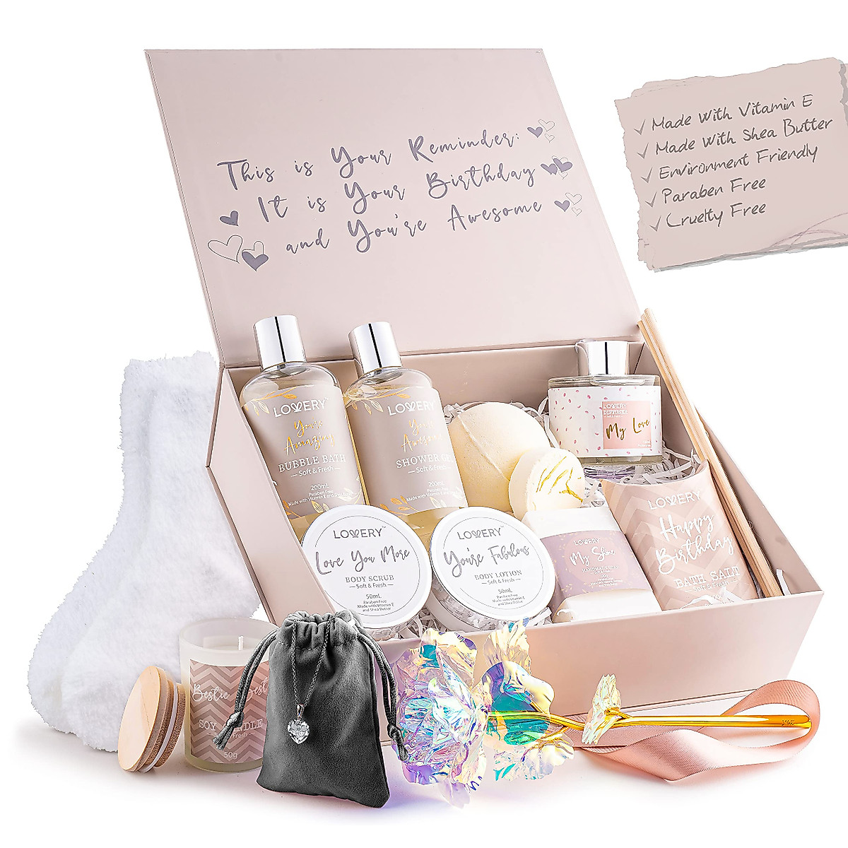 Birthday Gifts for Women, Birthday Spa Gift Basket for Women, Luxury Birthday Spa Gift Box with Vit E, Rich Bath Essentials, Diffuser, Candle, Sterling Silver CZ Heart Necklace, 24k Flower Rose & More