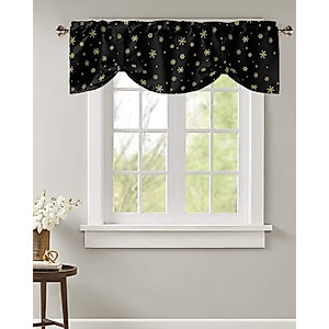 Tie Up Valance Curtains for Window, Gold Snowflakes Curtain Valance Adjustable Balloon Shade Window Valance for Living Room Bedroom Short Curtain Seasonal Winter Christmas Black Backdrop 42"x12"