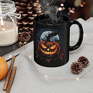 ATMTEE Halloween Night With Haunted Tree and Pumpkins Black Mug 11oz, Funny Gifts for Mens, Womens, Kids (11oz, Black)