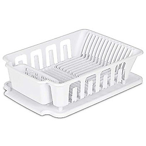 JOEY'Z Extra Large Heavy Duty Sturdy Hard Plastic Sink Set with Dish Rack with Attached Drainboard Cup Holders for Home Kitchen Counter Top Organizer - White (18 3/4" L x 13 3/4" W x 5 1/2")