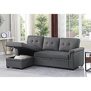 Lilola Home Lucca Performance Artificial Leather L-Shaped Pull-Out Sleeper Sofa Sectional with Reversible Storage Chaise and Solid Wood Frame, Gray