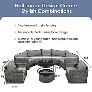 Bellemave 9-Piece Patio Sectional Set Half-Moon Sofa Set Gray Wicker Curved Outdoor Sofa with Gray Cushions & Nesting Coffee Table, All-Weather PE Wicker Semi-Circular Couch