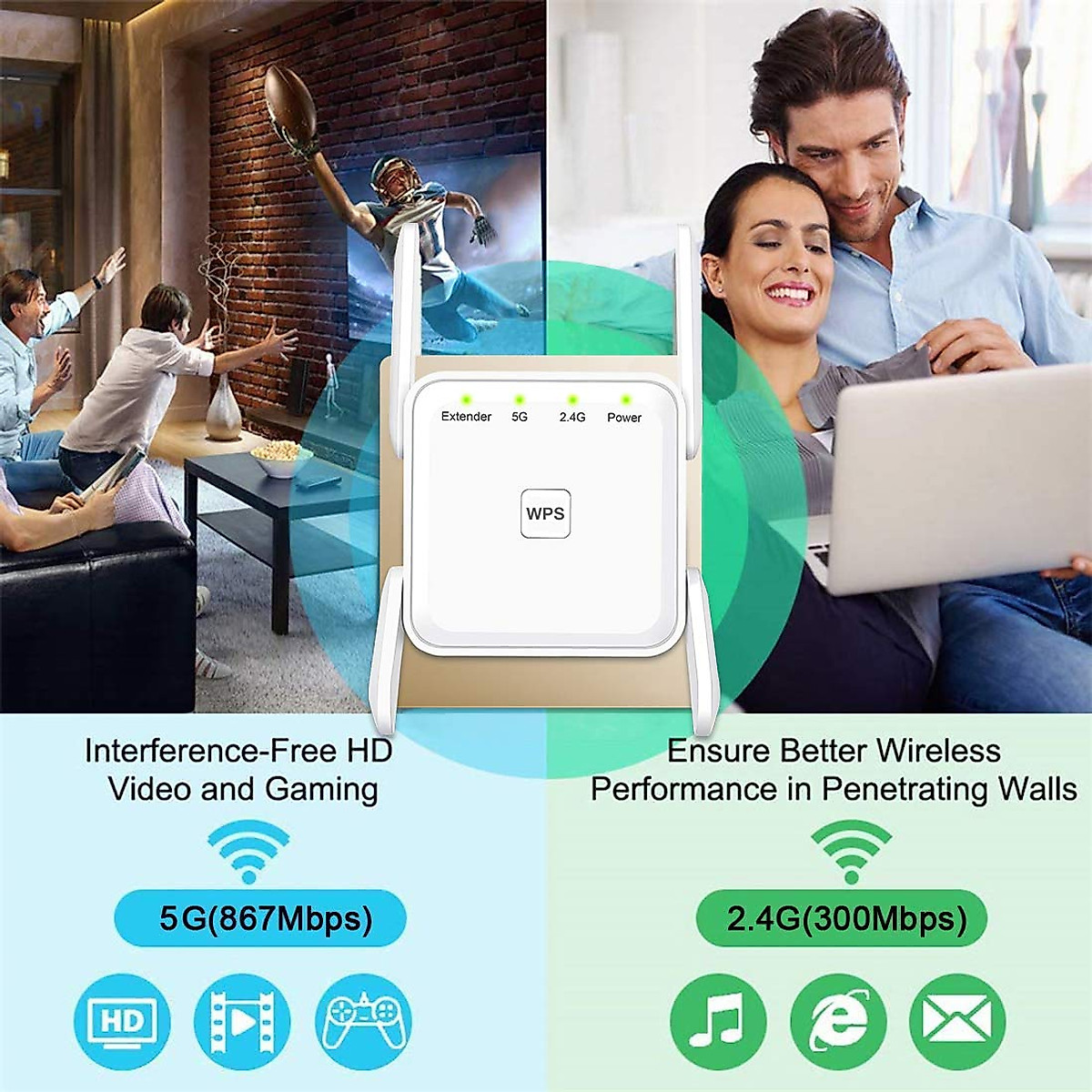 2022 WiFi WiFi Range Extender - 1200Mbps WiFi Repeater Wireless Signal Booster, Dual Band 2.4G and 5G Expander, 4 Antennas 360° Full Coverage, Extend WiFi Signal to Smart Home Devices（ 1203H04 White）