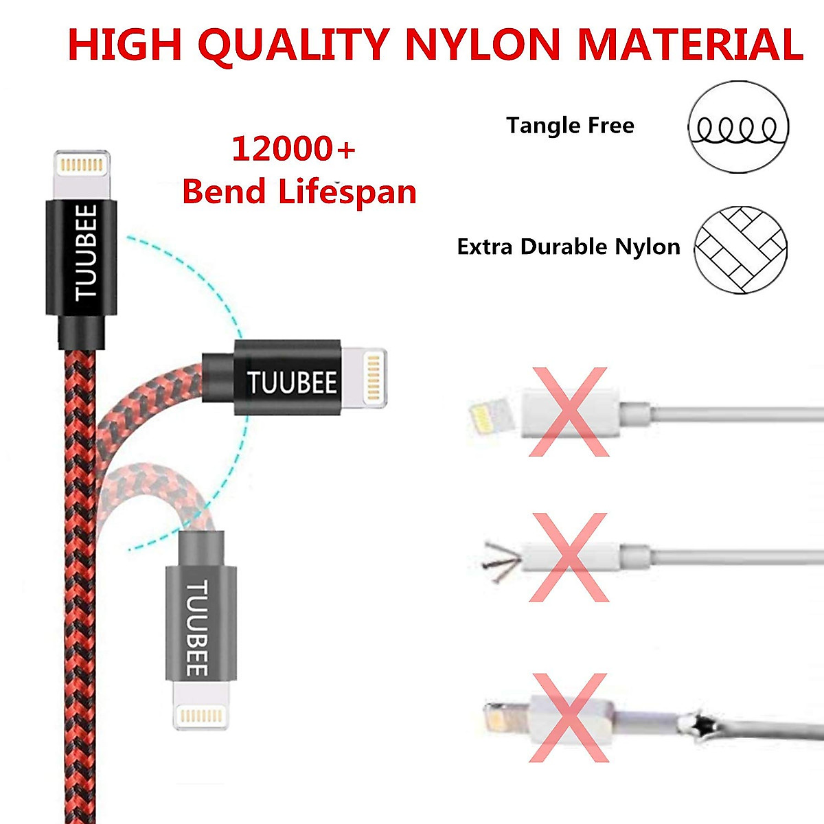 iPhone Charging Cable, 3 Pack 10FT TUUBEE Durable iPhone Charger Cable Nylon Braided Lightning Cord Fast Charging & Syncing iPhone Chargers Compatible iPhone XS/Max/XR/X/8P/8/7/6/iPad(Red&Black)