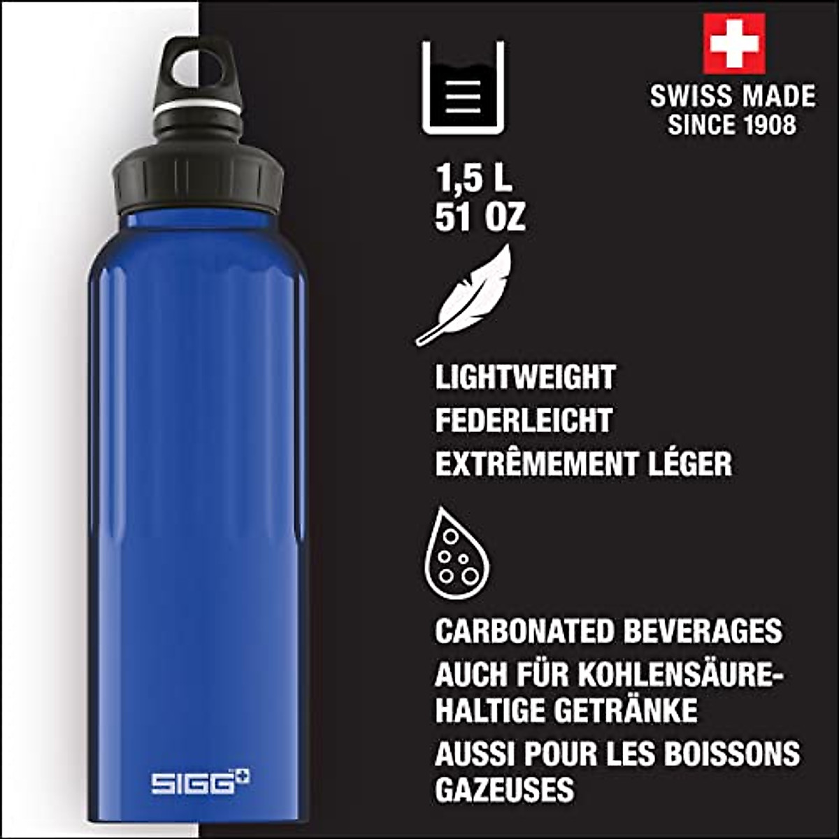 Sigg - Aluminum Sports Water Bottle - WMB Traveller Blue - with WMB Adapter - Leakproof - Lightweight - BPA Free - 51 Oz