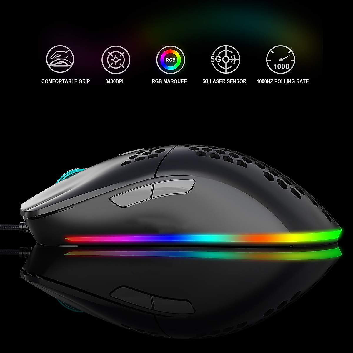 Esenlong Wired Gaming Mouse Macro Programming Mouse 6400DPI Ergonomic USB Computer Mice RGB Laptop PC Gaming Mouse for PC Laptop Desktop (6- Key) for E- Sport Game, Daily Office Work, Home use.