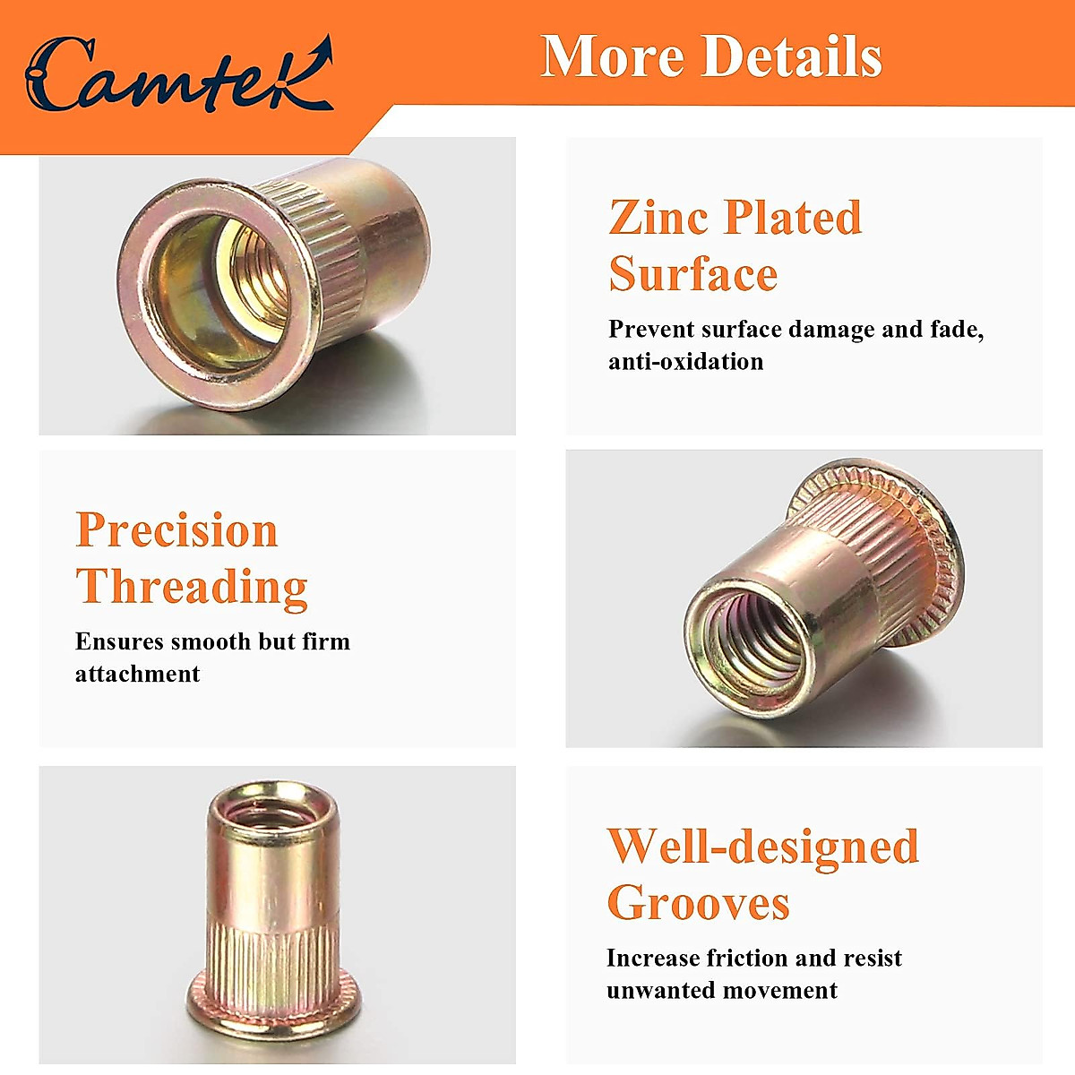 Camtek 325PCS Rivet Nut Kit, #8-32#10-24 5/32"-32UNC 1/4''-20UNC 5/16''-18UNC 3/8''-16UNC 1/2"-13UNC Zinc Plated Carbon Steel Flat Head Rivnut Threaded Insert Rivet Nuts Assortment Set
