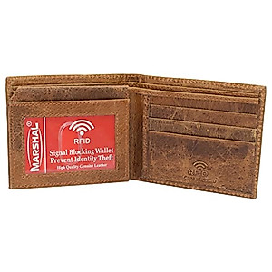 MARSHAL RFID Blocking Genuine Leather Men's Bifold Eagle USA Flag Wallet Gift (Brown)