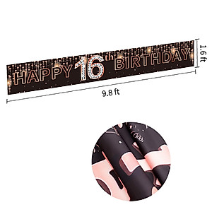 Luxiocio Happy 16th Birthday Banner Decorations Supplies for Girl, Rose Gold 16 Year Old Birthday Party Decor, Happy Sixteen Birthday Sign for Outdoor Indoor(9.8ft x 1.6ft)