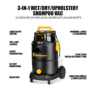 Vacmaster Wet Dry Shampoo Vacuum Cleaner 3 in 1 Portable Carpet Cleaner 8 Gallon 5.5 Peak HP Power Suction