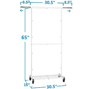 Simple Trending Standard Clothing Garment Rack, Rolling Clothes Organizer with Wheels and Bottom Shelves, Extendable, White