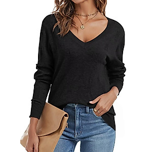FEKOAFE Women's Long Sleeve V Neck Sweater Tops 2025 Fall Winter Trendy V Neck Casual Pullover Tops Black S