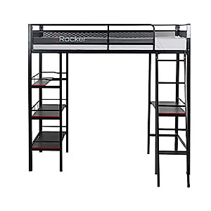 X Rocker I Fortress Gaming Bunk Bed I Built-in Desk and Shelving I Sturdy Metal Frame I Red Wooden Trim I Black