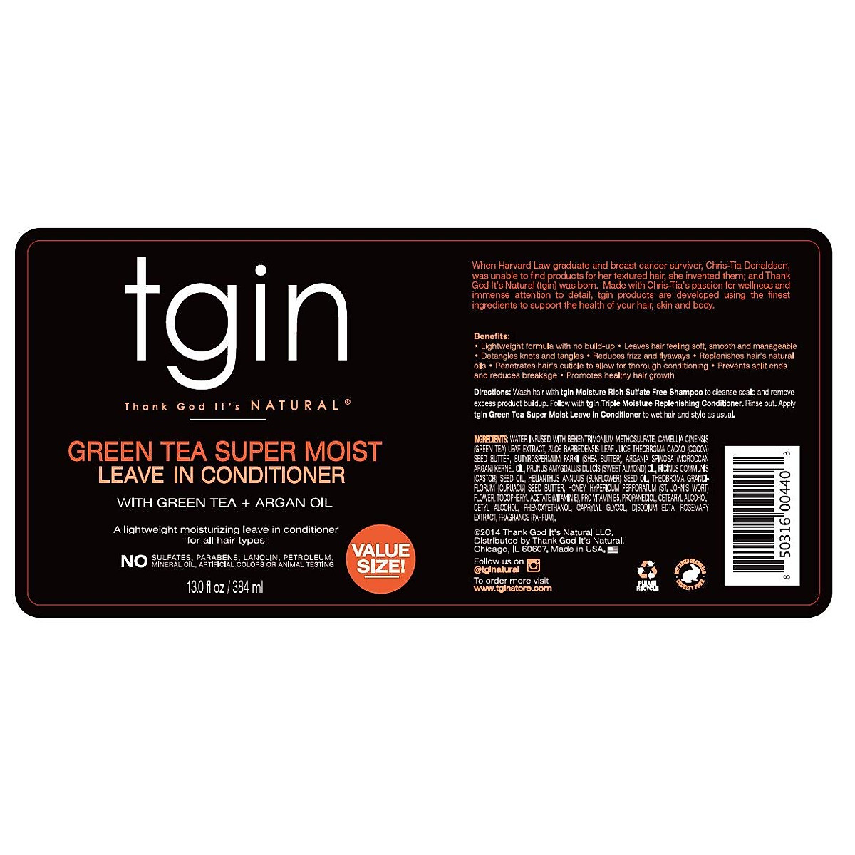 tgin Green Tea Super Moist Leave in Conditioner for Curly, Coily and Wavy Hair, with Argan Oil, Shea Butter and Green Tea, Moisturizes and Nourishes Dry Hair, 13 oz