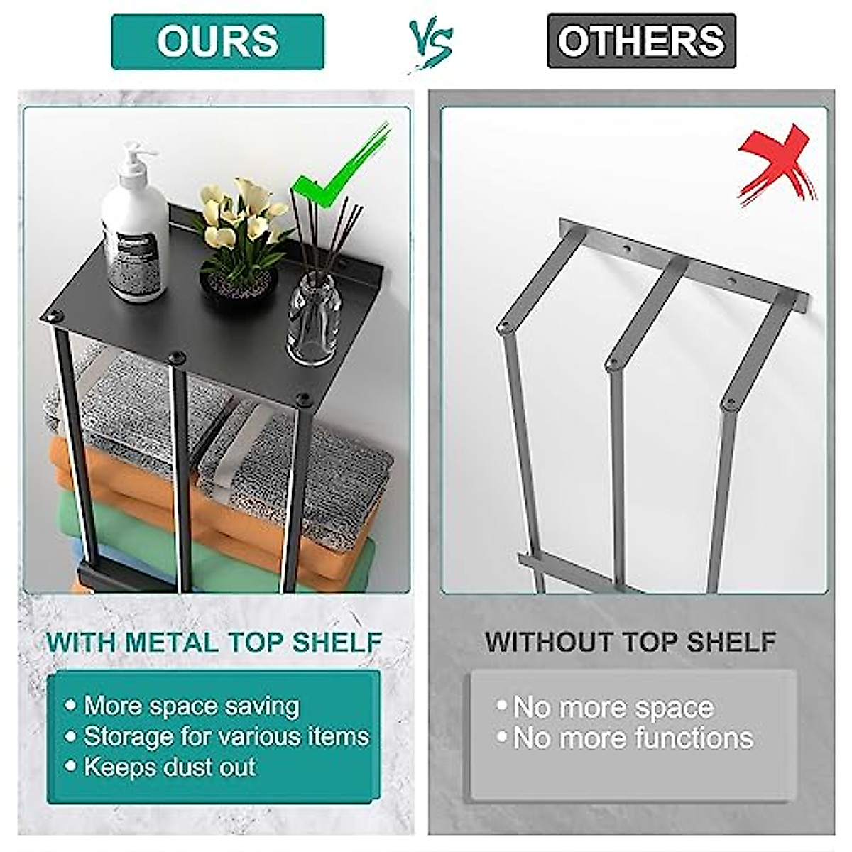 Towel Rack for Bathroom, New Upgrade 3 Bar Wall Towel Racks for Rolled Towels, Towel Storage with Metal Top Shelf, Wall Mounted Bathroom Organizer (Black)