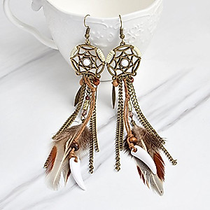 Punk Vintage Long Tassel Feather Beads Drop Wolf Tooth Pendant Earring Fish Hook Earrings (Brown A)