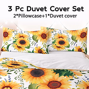 Dropshipful Sunflower Floral Duvet Cover Full Size, Soft White Sunflower Bed Set Gifts for Women, Nature Botanical Garden Sunflower Bedding 3 Pieces, 1 Duvet Cover and 2 Pillow Shams