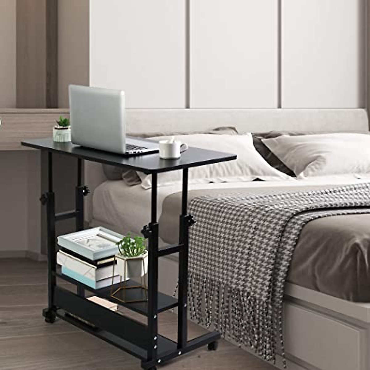 Computer Desk Home Office Desk Standing Adjustable Laptop Storage Desk for Bedroom Modern Workstation Portable Study Table with Wheels (Black)