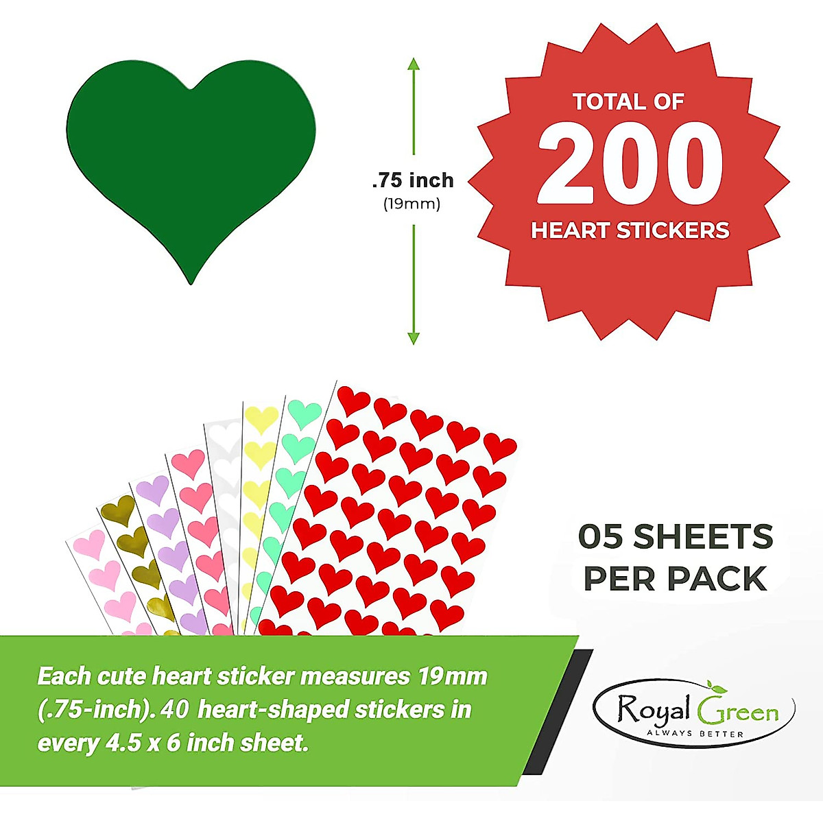 Royal Green 19MM (3/4") Hearts Sticker Envelope Seals Love Decorative Crafting and Scrapbooking Labels in Blue - 200 Pack