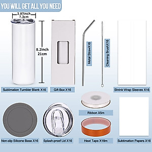 Sublimation Tumblers bulk 20 OZ Skinny Stainless Steel Double Wall Insulated Straight Sublimation Cups 16 Pack Blanks White Tumbler with Lid,Straw,Heat Resistant Tape&Shrink Sleeves,Individually Boxed