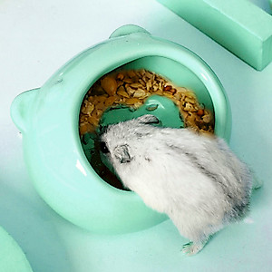 Cartoon Sculpted Ceramic Hamster House Food Feeding Bowl Water Bowl to Prevent Spilled Food and Chewing Tray Gerbils Chinchilla Ferret Hedgehog Small Animals (Cyan)