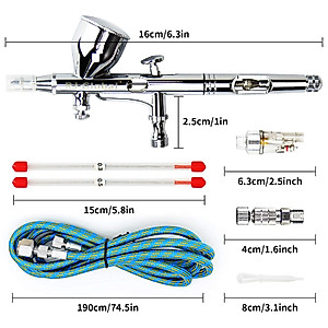 RJ-Global Airbrush Kit Dual Action Spray Gun, Air Brush for Painting Set with 0.3, 0.2, 0.5mm Needles/Nozzles/Air Cap, 1/3 oz Paint Cup, Air Hose, for Tattoo Nail, Makeup, Model, Art Hobby Painting