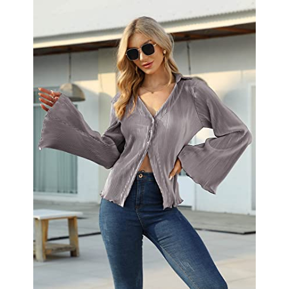 KOJOOIN Women Y2k Tops Deep V Neck Button Down Flare Long Sleeve Crop Tops Plain Casual Shirts Grey Purple