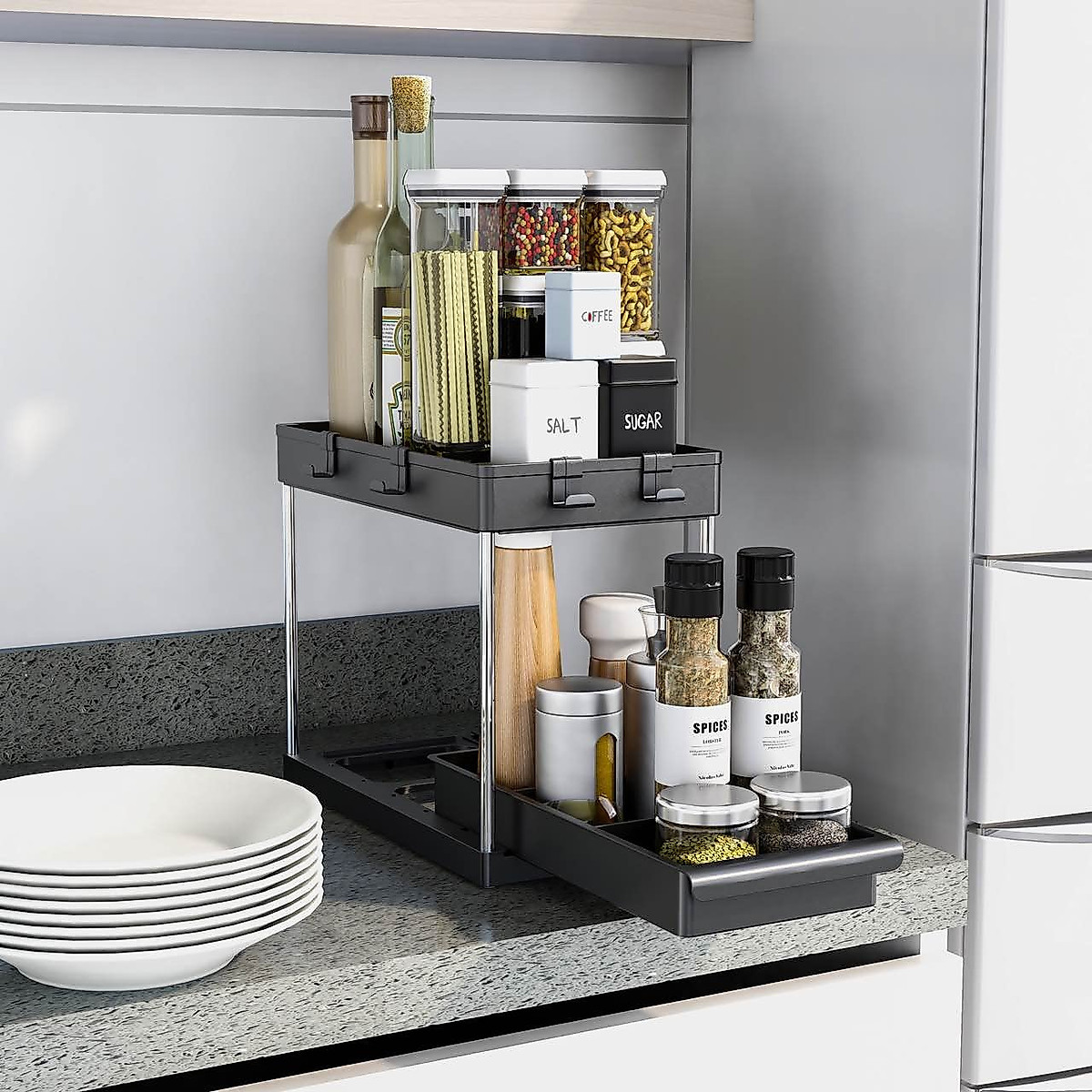 QualiapeX 2-Tier Under Sink Organizer, Kitchen Organization, Cabinet Storage Drawer Organizer with Hooks, Dividers, Handles, Bathroom Organizer, Easy-Grip & Hold-Out Sliding Drawer (Black 1 Pack)