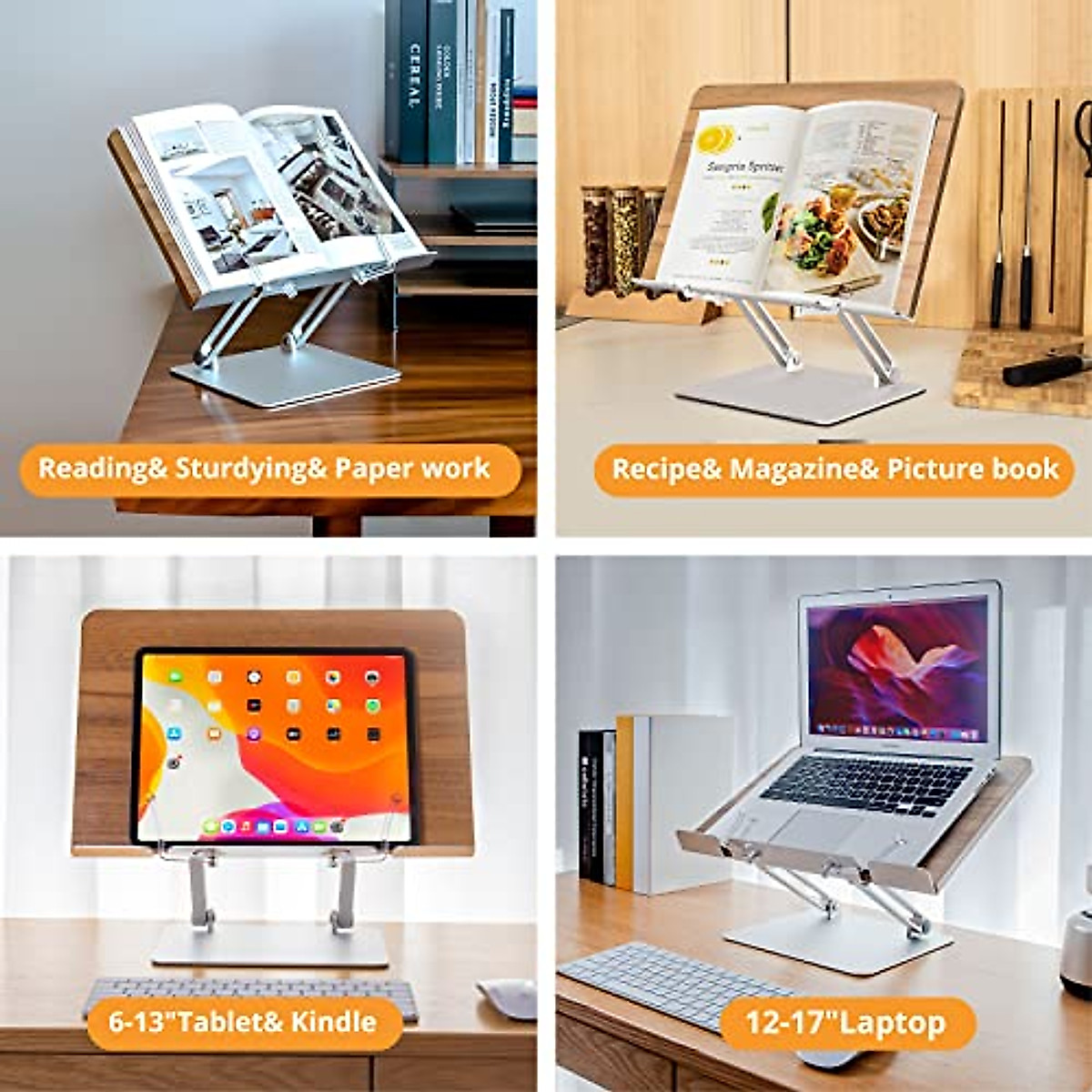 SupeDesk Book Stand for Reading,Book Holder,Display Stand,for 5-8.5"Book,Wood,Laptop Stand for 12-17"laptop/6-13"Tablet&Ereader,Tiltable,Height Adjustable,Foldable,Study,Cook,Max Load 4.4lbs