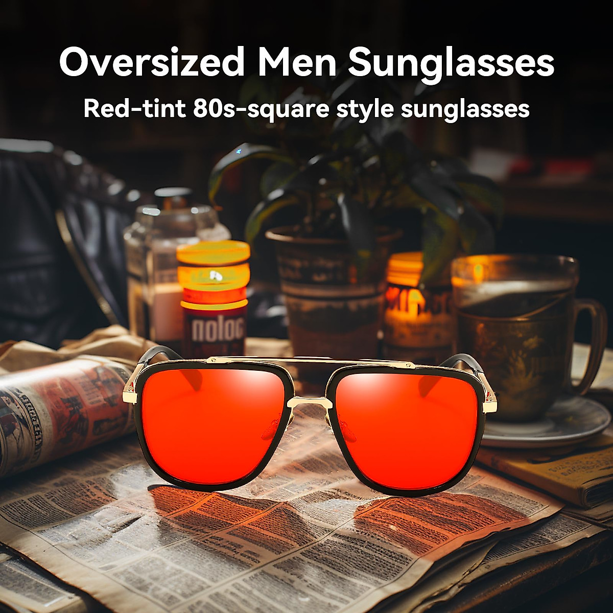 Dollger Oversized Square Aviator Sunglasses for Men Classic Retro Large Frame Red Lens Sunglasses