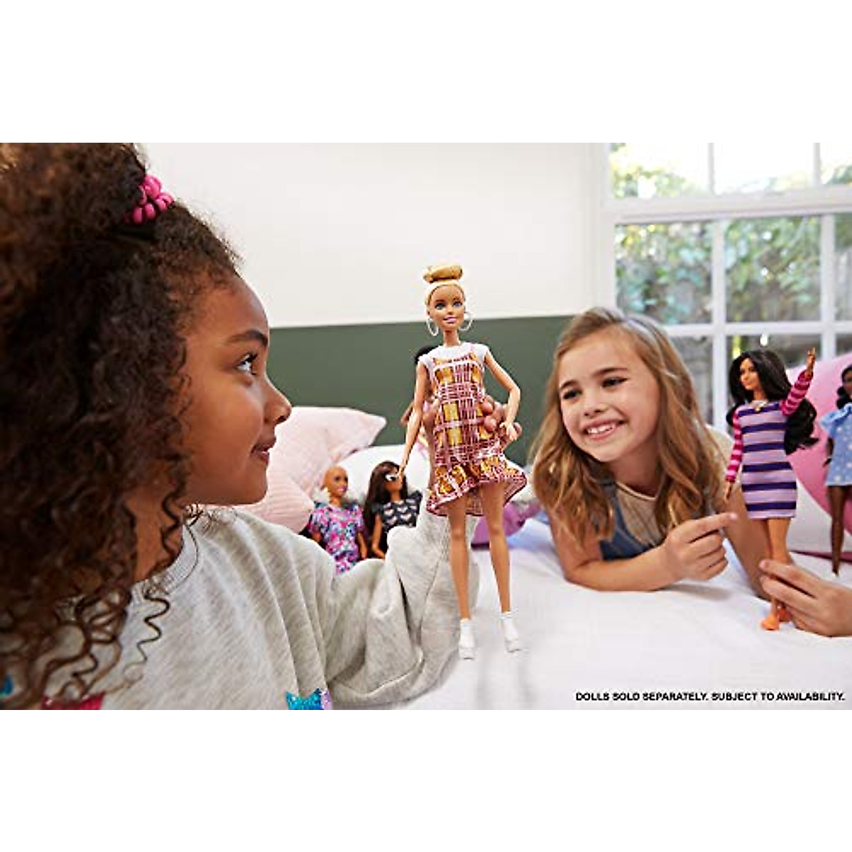 Barbie Fashionistas Doll #142 with Blonde Updo Hair Wearing Pink & Golden Plaid Dress, White Sneakers & Earrings, Toy for Kids 3 to 8 Years Old