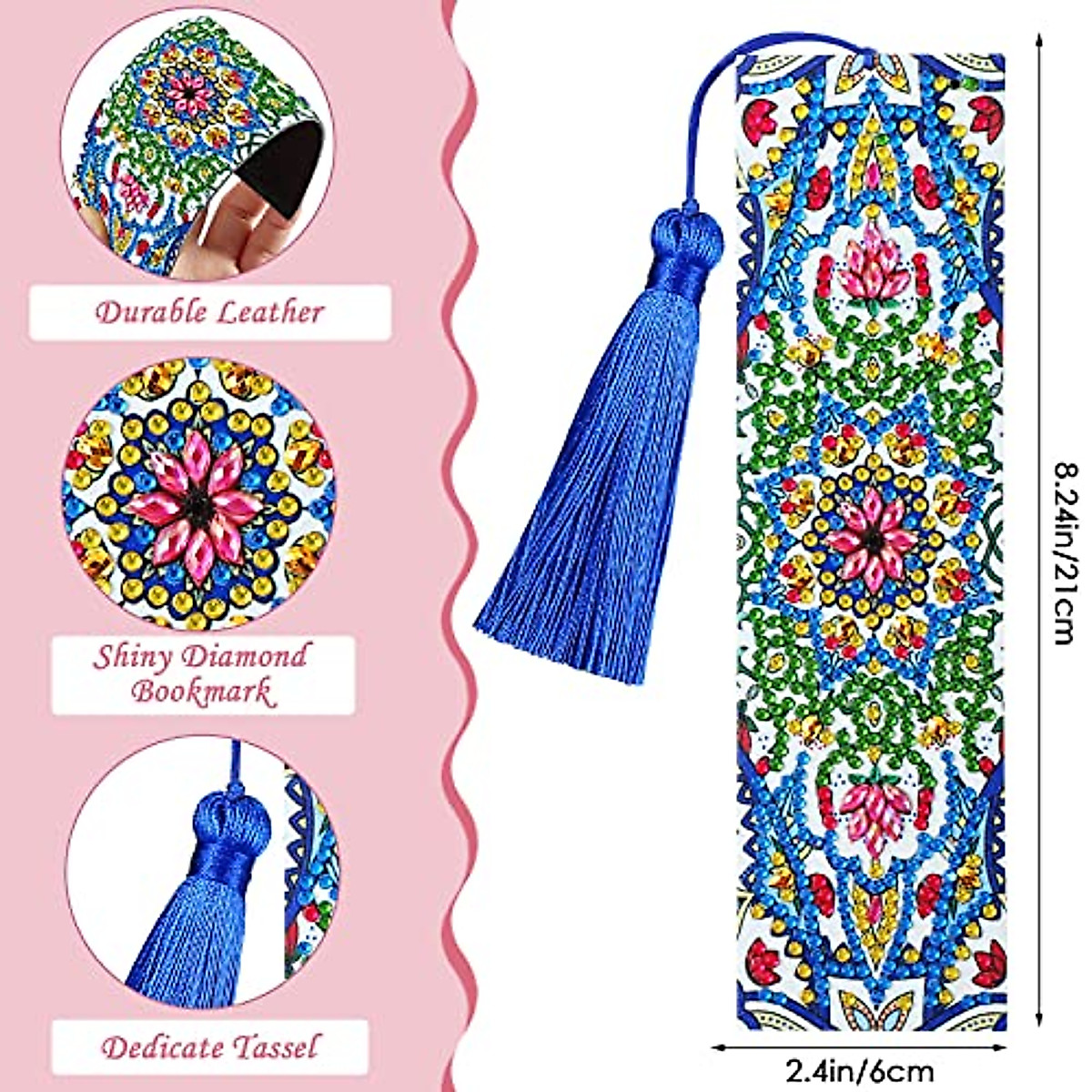 Zhehao 24 Pcs 5D Diamond Painting Bookmarks Floral Rhinestone Bookmarks Diamond Art Bookmarks Leather DIY Bookmarks Beaded Painting Bookmark with Tassel for Kids Adults DIY Art Craft Supplies