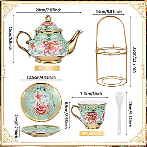 Zhehao 20 Pcs Porcelain Tea Set with Metal Holder Adult Ceramic Tea Party Set European Flower Tea Cup Saucer Set for Adult Women Girls with Flower Painting, Large Version (Fresh Style)