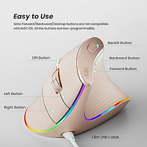 Nulea M504 Wired Vertical Mouse, USB Ergonomic Optical Mouse with 4 Adjustable DPI, 11 RGB Backlight Modes, Compatible for Laptop, PC, Desktop, Mac, Pink