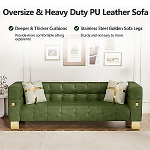 ReyTinn PU Faux Leather Sofa, 83.86" Mid-Century Modern Oversized Loveseat Couch, Large Classic Upholstered 3-Seater Deep Sofa with Arms for Living Room, Apartment, Office Green