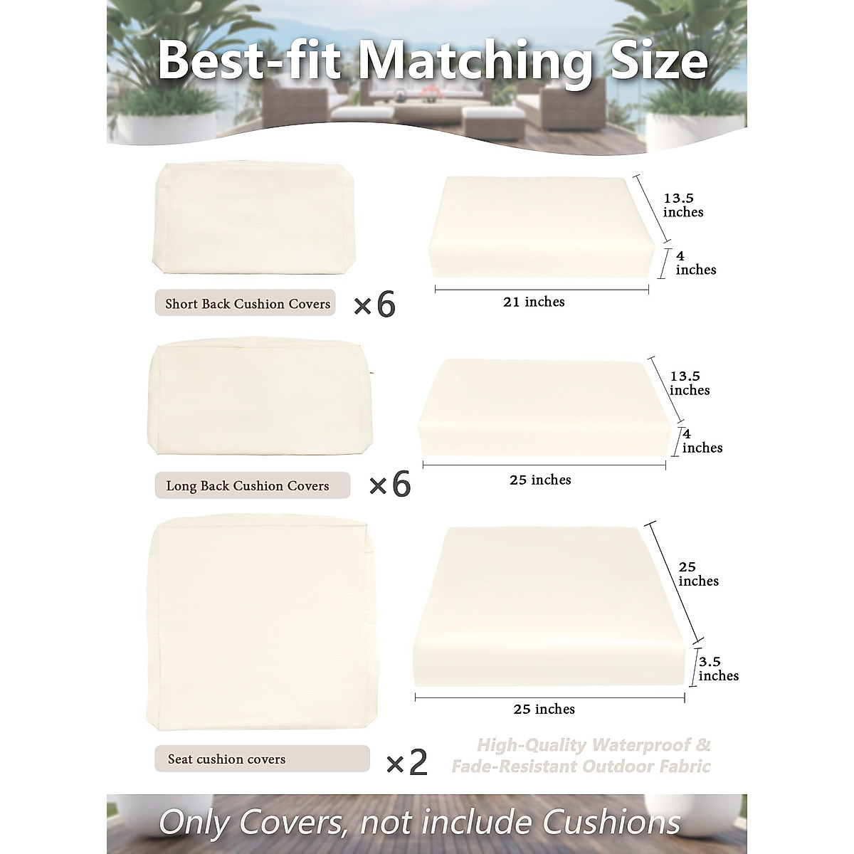 OmniBuy 14 Piece Outdoor Patio Cushion Covers Replacement (2 Seat Covers, 6 Back Covers, and 6 Side Covers) Outdoor Cushion Slipcovers with Zipper for Outdoor Furniture (Beige)