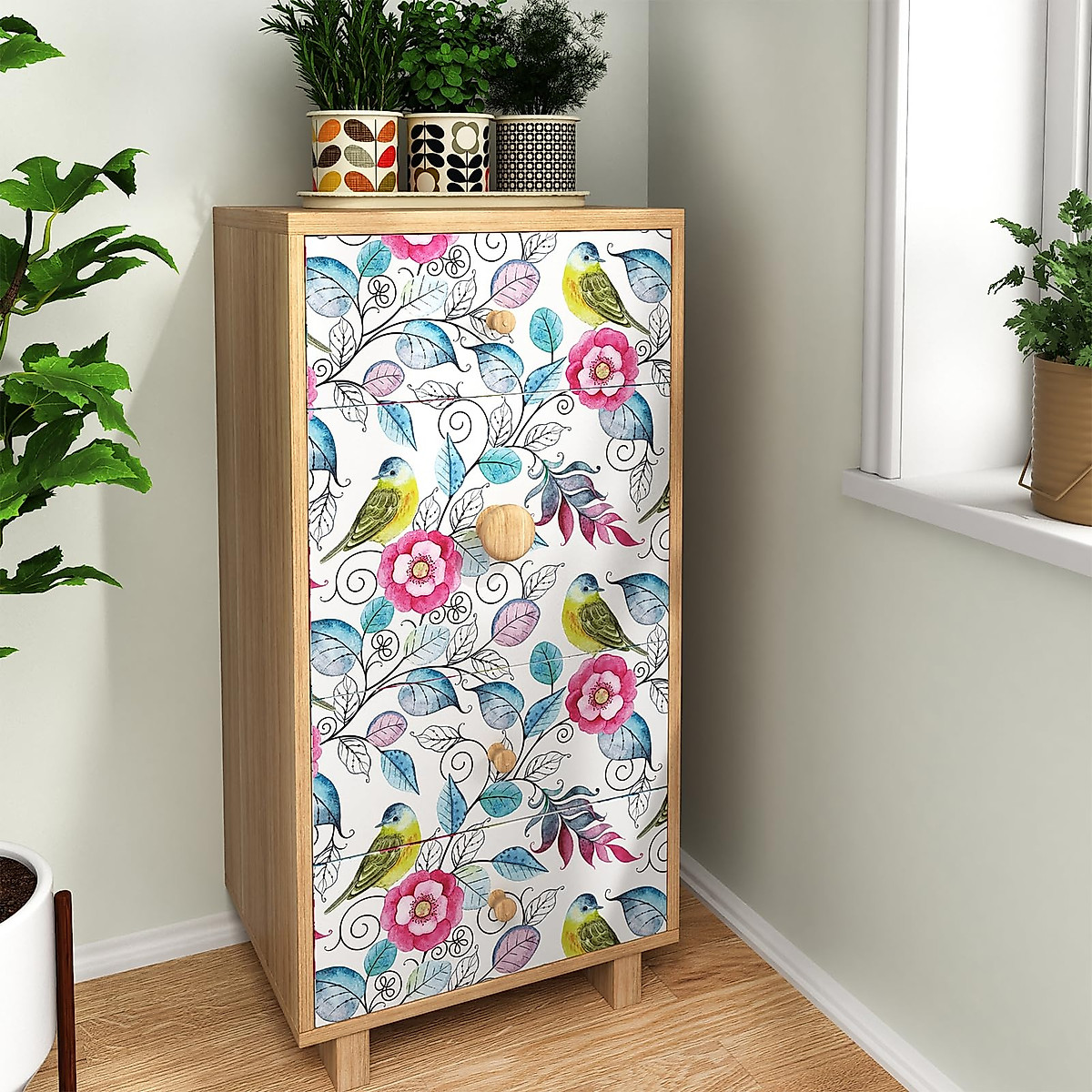HotDecor 24"x118" Bird Boho Floral Wallpaper Flower Wallpaper Peel and Stick Floral Contact Paper Adhesive Stick on Botanical Wall Paper for Walls Cabinets Drawer Bedroom Shelves Decorative