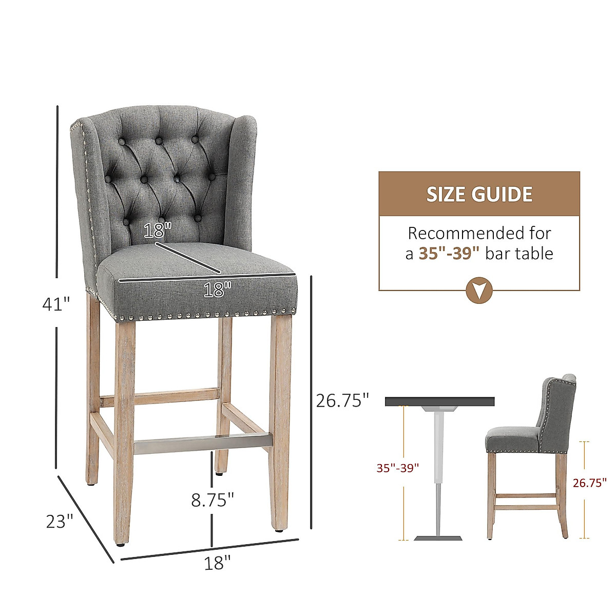 HOMCOM Counter Height Bar Stools Set of 2, 27" Seat Height Upholstered Barstools, Farmhouse Kitchen Island Stools with Nailhead-Trim, Tufted Back and Wooden Legs, Light Gray