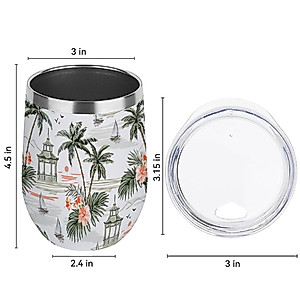silichee 12 Oz Stainless Steel Insulated Tumblers with Lid Beautiful Tropical Pattern Background Coconut Palm Trees Sailboat Insulated Tumblers Vacuum Coffee Mugs for Hot and Cold Drinks,Wine,Coffee