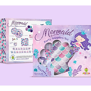 202 Pcs Mermaid Birthday Decorations Serves 16 Guests - Mermaid Party Decorations - Plates, Napkins, Utensils, Goodie Bags, Cupcake Toppers Wrapper and Headband