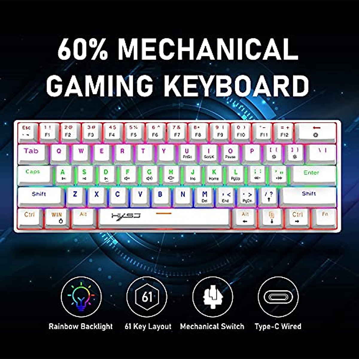 60% True Mechanical Gaming Keyboard Mouse Set, Type C Wired 61 Keys Layout Rainbow LED Backlit USB Waterproof Keyboard Anti-ghosting Keys+Lightweight RGB Mice 6400DPI for Computer/PC/Laptop/MAC(White)