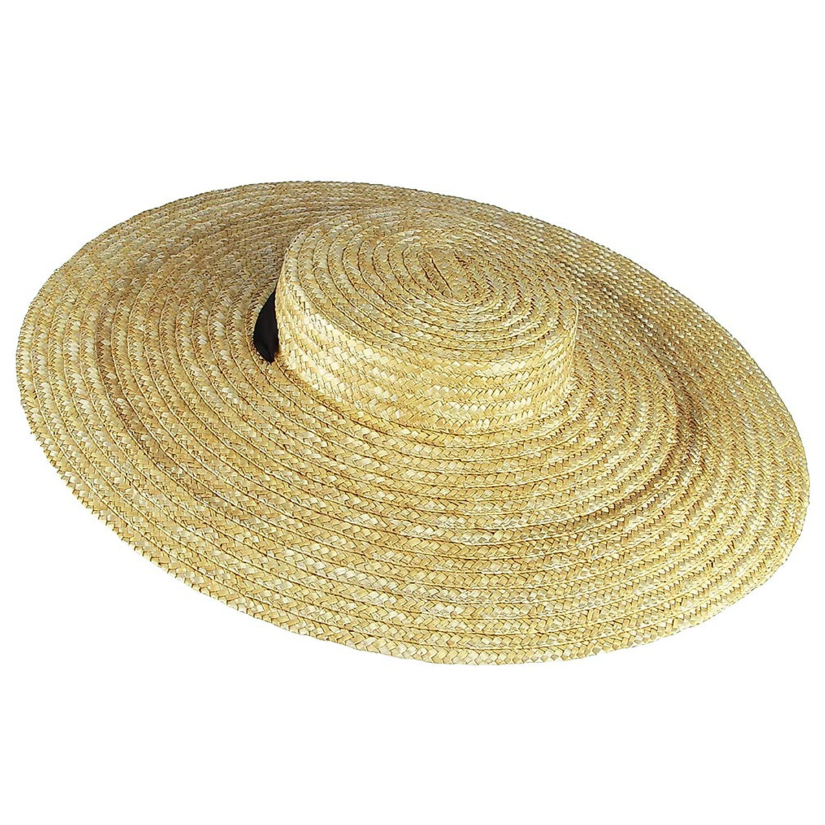 Jelord Women Vintage Boater Straw Hat Wide Brim Flat Top Floppy Derby Straw Hat Beach Sun Hats with Chin Strap Brim:12cm Beige